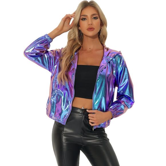 Allegra K | Jackets & Coats | Holographic Jackets Hooded Long Sleeve ...